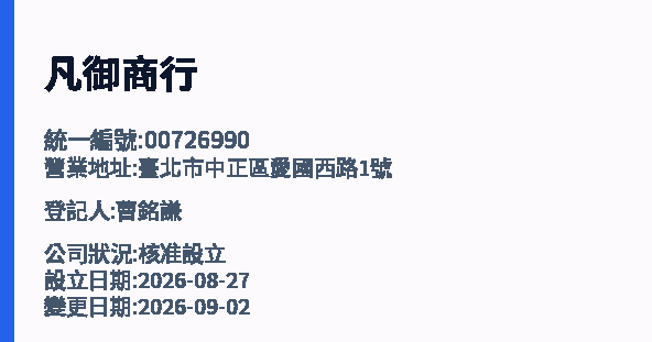 凡御商行的照片-統編 00726990(臺北市) 公司登記資料與營業項目詳細圖表