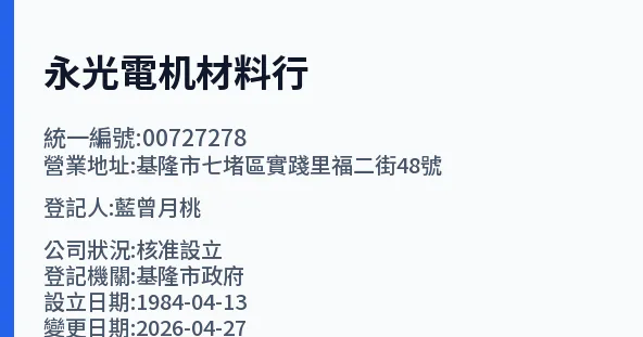 永光電机材料行的照片-統編 00727278(基隆市) 公司登記資料與營業項目詳細圖表