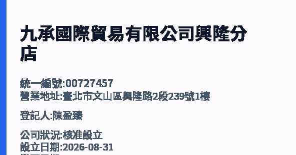 九承國際貿易有限公司興隆分店的照片-統編 00727457(臺北市) 公司登記資料與營業項目詳細圖表