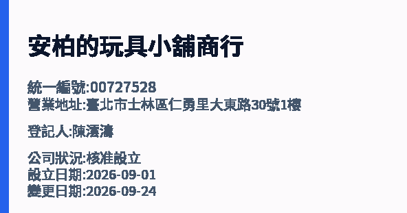 安柏的玩具小舖商行的照片-統編 00727528(臺北市) 公司登記資料與營業項目詳細圖表