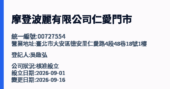 摩登波麗有限公司仁愛門市的照片-統編 00727554(臺北市) 公司登記資料與營業項目詳細圖表