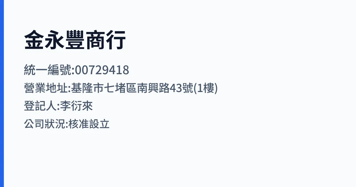 金永豐商行 - 統編 00729418(基隆市) 公司登記資料與營業項目詳細圖表