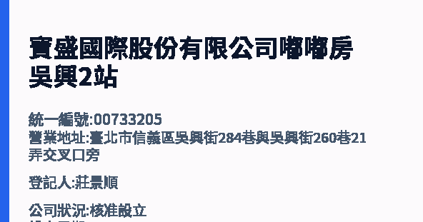 寶盛國際股份有限公司嘟嘟房吳興2站的照片-統編 00733205(臺北市) 公司登記資料與營業項目詳細圖表