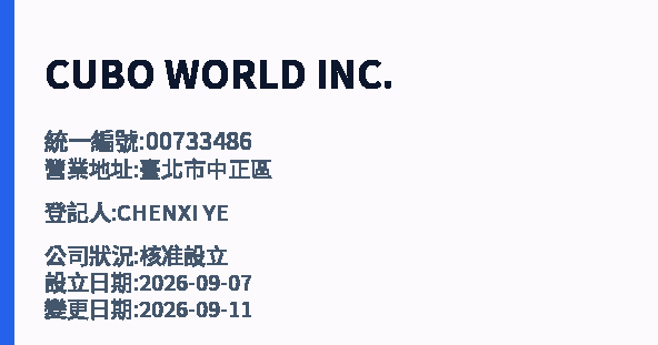 CUBO WORLD INC.的照片-統編 00733486(臺北市) 公司登記資料與營業項目詳細圖表