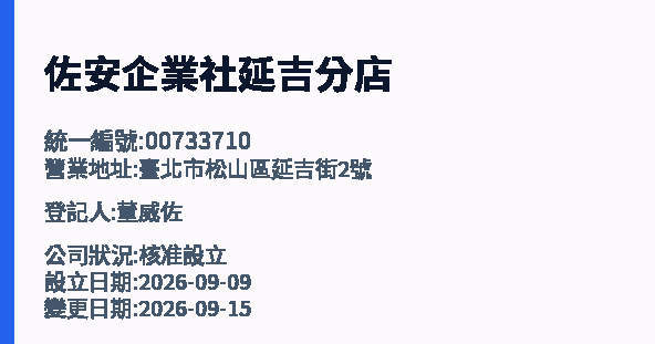 佐安企業社延吉分店的照片-統編 00733710(臺北市) 公司登記資料與營業項目詳細圖表