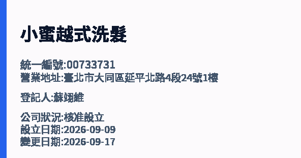 小蜜越式洗髮的照片-統編 00733731(臺北市) 公司登記資料與營業項目詳細圖表