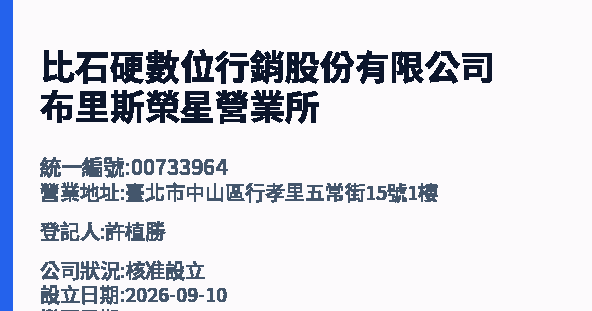 比石硬數位行銷股份有限公司布里斯榮星營業所的照片-統編 00733964(臺北市) 公司登記資料與營業項目詳細圖表