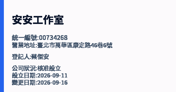 安安工作室的照片-統編 00734268(臺北市) 公司登記資料與營業項目詳細圖表