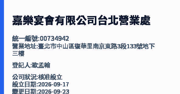 嘉樂宴會有限公司台北營業處的照片-統編 00734942(臺北市) 公司登記資料與營業項目詳細圖表