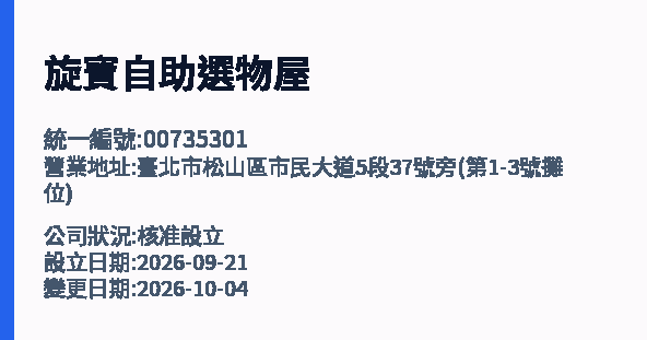 旋寶自助選物屋的照片-統編 00735301(臺北市) 公司登記資料與營業項目詳細圖表