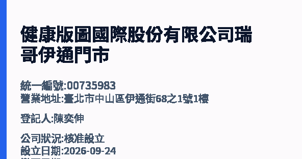 健康版圖國際股份有限公司瑞哥伊通門市的照片-統編 00735983(臺北市) 公司登記資料與營業項目詳細圖表