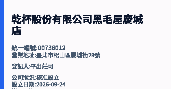乾杯股份有限公司黑毛屋慶城店的照片-統編 00736012(臺北市) 公司登記資料與營業項目詳細圖表