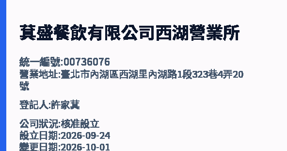 萁盛餐飲有限公司西湖營業所的照片-統編 00736076(臺北市) 公司登記資料與營業項目詳細圖表