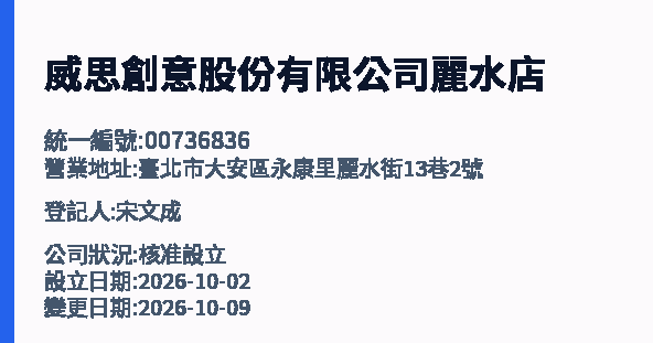 威思創意股份有限公司麗水店的照片-統編 00736836(臺北市) 公司登記資料與營業項目詳細圖表