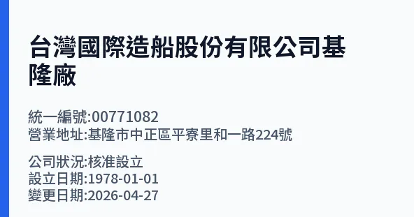台灣國際造船股份有限公司基隆廠的照片-統編 00771082(基隆市) 公司登記資料與營業項目詳細圖表
