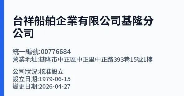 台祥船舶企業有限公司基隆分公司的照片-統編 00776684(基隆市) 公司登記資料與營業項目詳細圖表