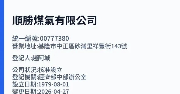 順勝煤氣有限公司的照片-統編 00777380(基隆市) 公司登記資料與營業項目詳細圖表