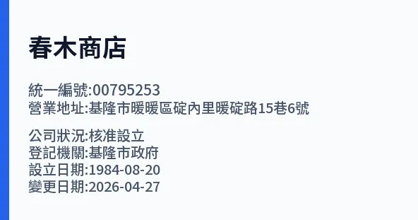 春木商店的照片-統編 00795253(基隆市) 公司登記資料與營業項目詳細圖表