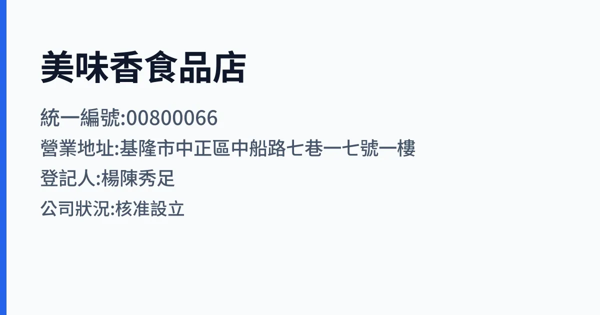 美味香食品店 - 統編 00800066(基隆市) 公司登記資料與營業項目詳細圖表