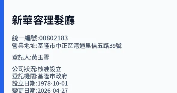 新華容理髮廳的照片-統編 00802183(基隆市) 公司登記資料與營業項目詳細圖表
