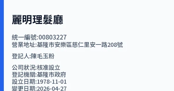 麗明理髮廳的照片-統編 00803227(基隆市) 公司登記資料與營業項目詳細圖表
