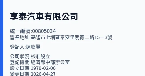 享泰汽車有限公司的照片-統編 00805034(基隆市) 公司登記資料與營業項目詳細圖表