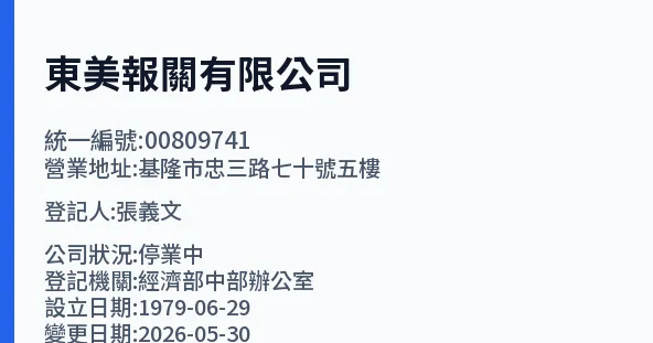 東美報關有限公司的照片-統編 00809741(基隆市) 公司登記資料與營業項目詳細圖表