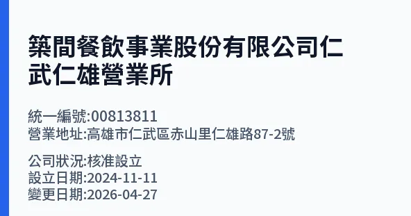 築間餐飲事業股份有限公司仁武仁雄營業所的照片-統編 00813811(高雄市) 公司登記資料與營業項目詳細圖表