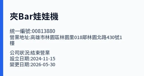 夾Bar娃娃機的照片-統編 00813880(高雄市) 公司登記資料與營業項目詳細圖表