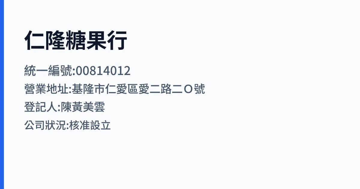 仁隆糖果行 - 統編 00814012(基隆市) 公司登記資料與營業項目詳細圖表