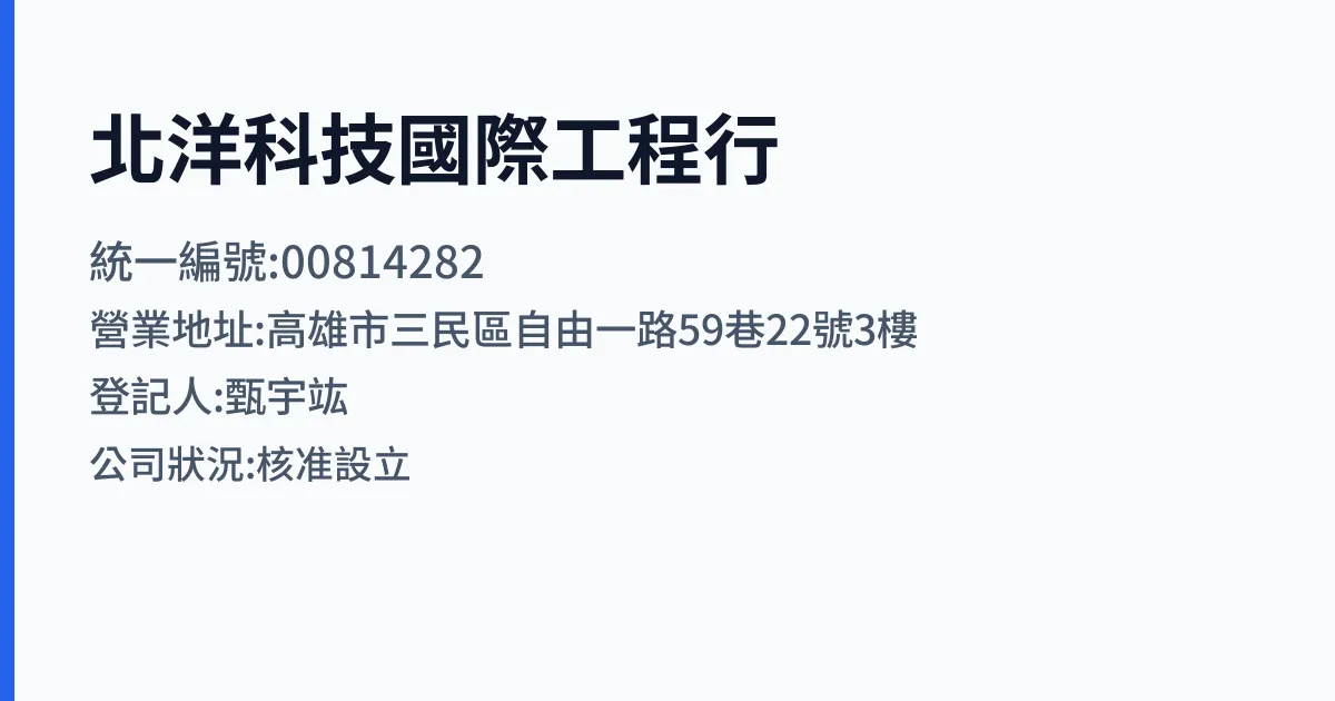 北洋科技國際工程行 - 統編 00814282（高雄市） 公司登記資料與營業項目詳細圖表