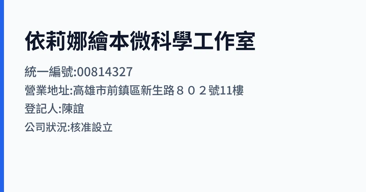 依莉娜繪本微科學工作室 - 統編 00814327(高雄市) 公司登記資料與營業項目詳細圖表