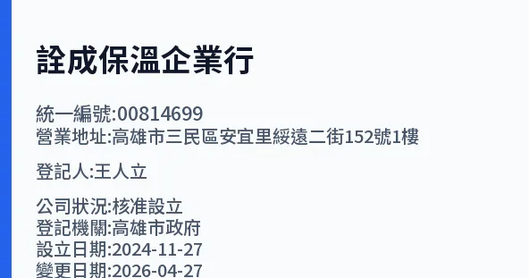 詮成保溫企業行的照片-統編 00814699(高雄市) 公司登記資料與營業項目詳細圖表