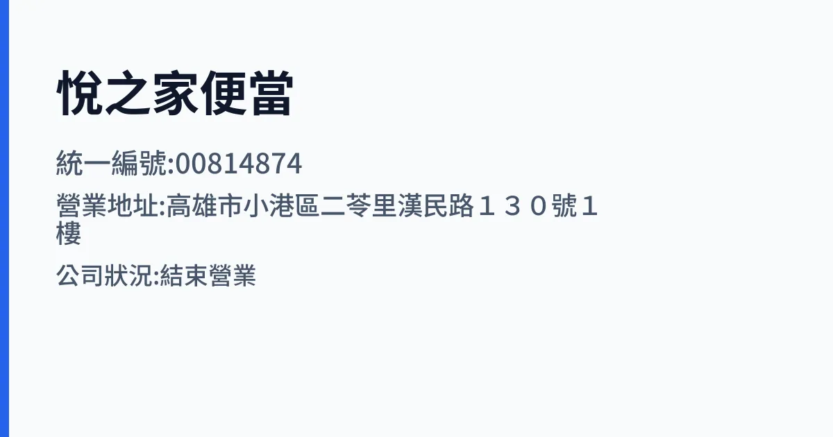 悅之家便當 - 統編 00814874(高雄市) 公司登記資料與營業項目詳細圖表