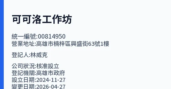 可可洛工作坊的照片-統編 00814950(高雄市) 公司登記資料與營業項目詳細圖表