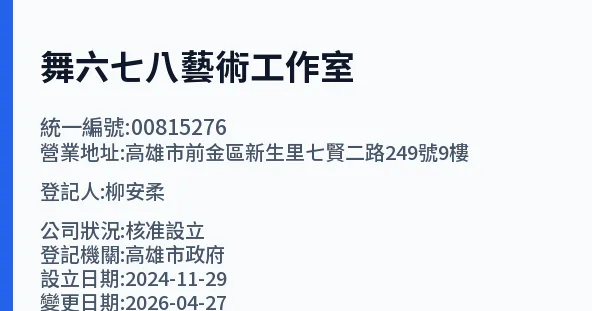 舞六七八藝術工作室的照片-統編 00815276(高雄市) 公司登記資料與營業項目詳細圖表