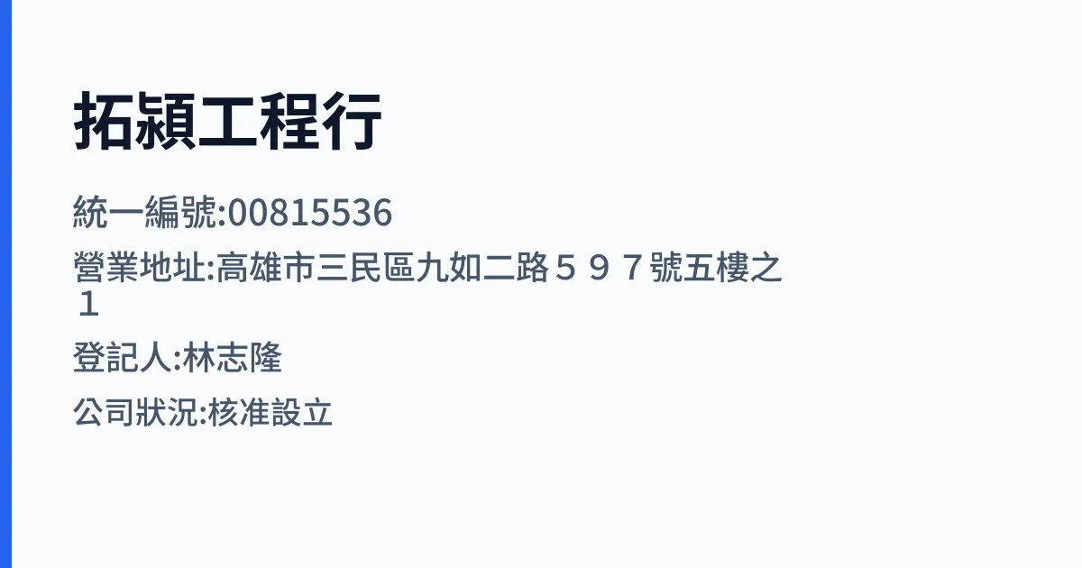 拓潁工程行 - 統編 00815536(高雄市) 公司登記資料與營業項目詳細圖表