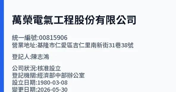 萬榮電氣工程股份有限公司的照片-統編 00815906(基隆市) 公司登記資料與營業項目詳細圖表