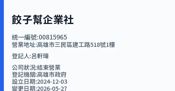 餃子幫企業社的照片-統編 00815965(高雄市) 公司登記資料與營業項目詳細圖表
