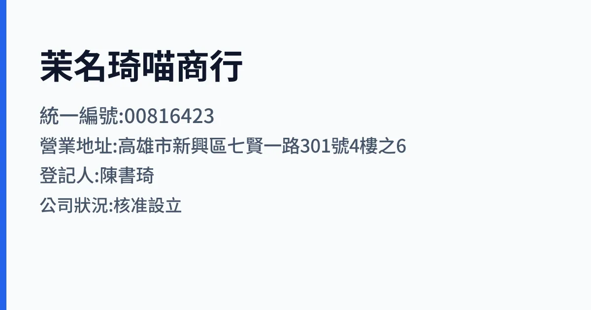 茉名琦喵商行 - 統編 00816423(高雄市) 公司登記資料與營業項目詳細圖表