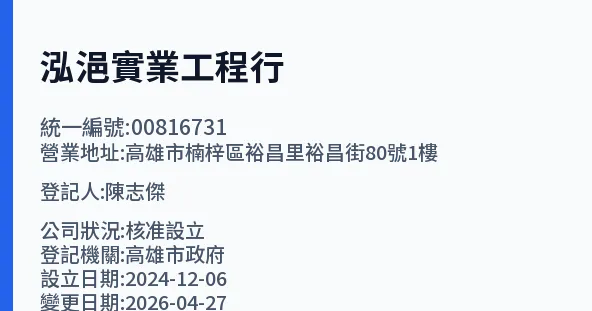 泓浥實業工程行的照片-統編 00816731(高雄市) 公司登記資料與營業項目詳細圖表