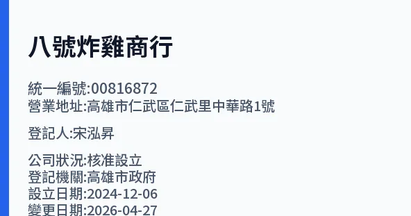 八號炸雞商行的照片-統編 00816872(高雄市) 公司登記資料與營業項目詳細圖表