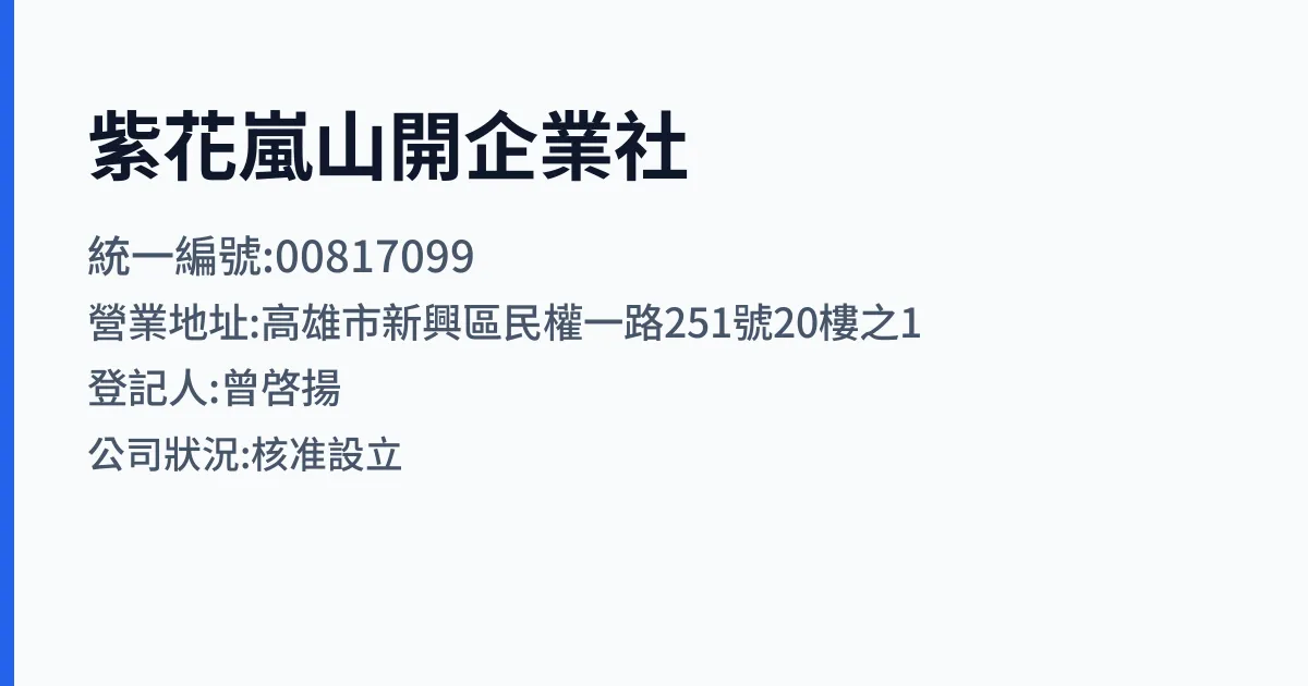 紫花嵐山開企業社 - 統編 00817099(高雄市) 公司登記資料與營業項目詳細圖表