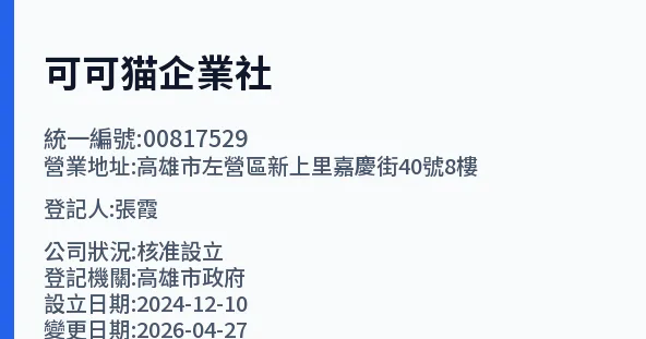 可可猫企業社的照片-統編 00817529(高雄市) 公司登記資料與營業項目詳細圖表