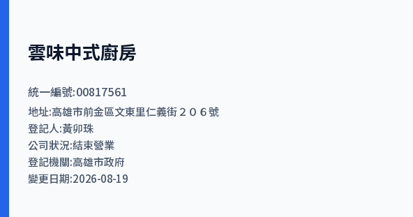 雲味中式廚房的照片-統編 00817561(高雄市) 公司登記資料與營業項目詳細圖表