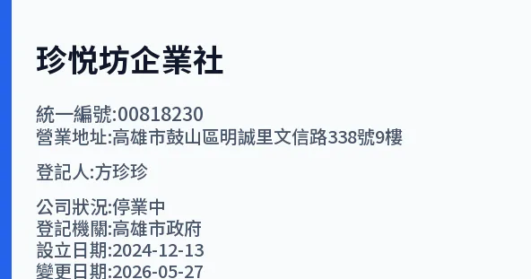 珍悦坊企業社的照片-統編 00818230(高雄市) 公司登記資料與營業項目詳細圖表