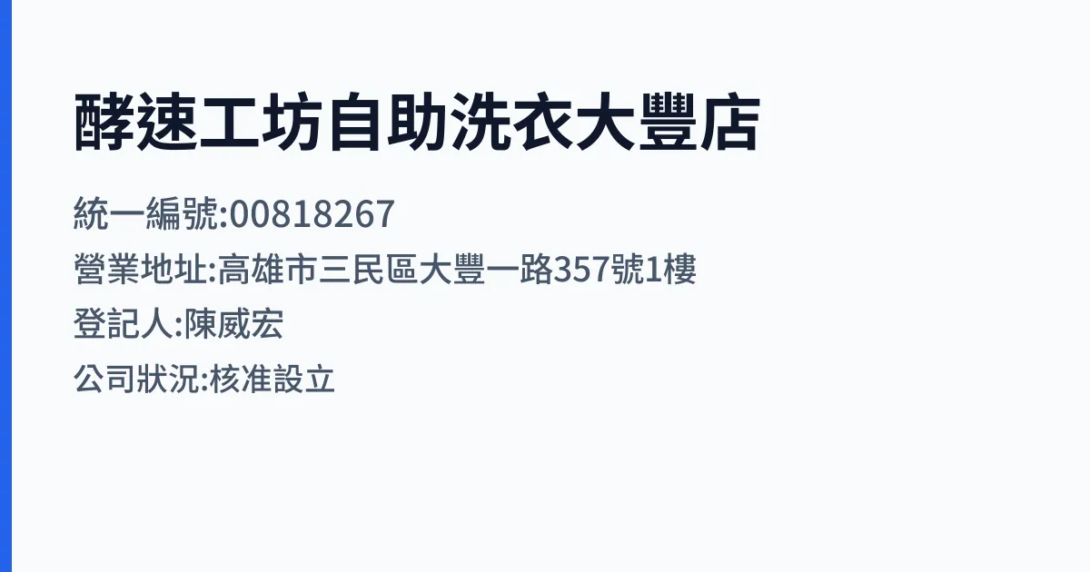酵速工坊自助洗衣大豐店 - 統編 00818267（高雄市） 公司登記資料與營業項目詳細圖表
