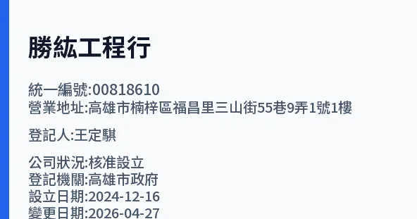 勝紘工程行的照片-統編 00818610(高雄市) 公司登記資料與營業項目詳細圖表