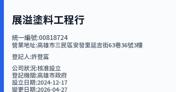 展溢塗料工程行的照片-統編 00818724(高雄市) 公司登記資料與營業項目詳細圖表