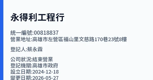 永得利工程行的照片-統編 00818837(高雄市) 公司登記資料與營業項目詳細圖表